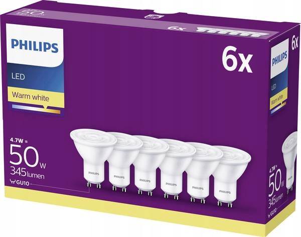 Zestaw 6x Żarówka LED GU10 4,7W = 50W PHILIPS - 7738164615 - oficjalne archiwum Allegro