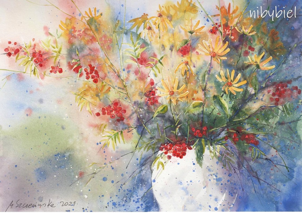 Akwarela JESIEŃ obraz - PAŹDZIERNIK W BUKIECIE - 12645171938 ...