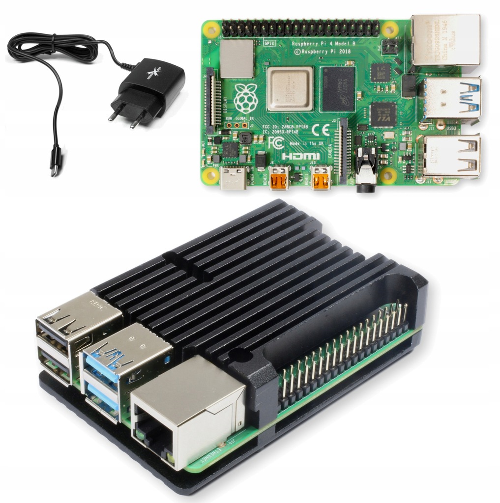 Zestaw Raspberry Pi 4B 4GB RAM obudowa pasywny duży radiator + zasilacz ...