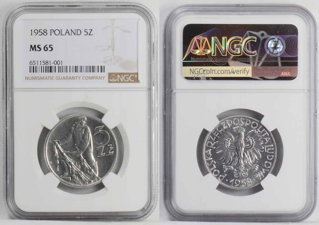 487F. 5 ZŁOTYCH 1958 RYBAK GRUBA ÓSEMKA BAŁWANEK MS65 GRADING NGC ...