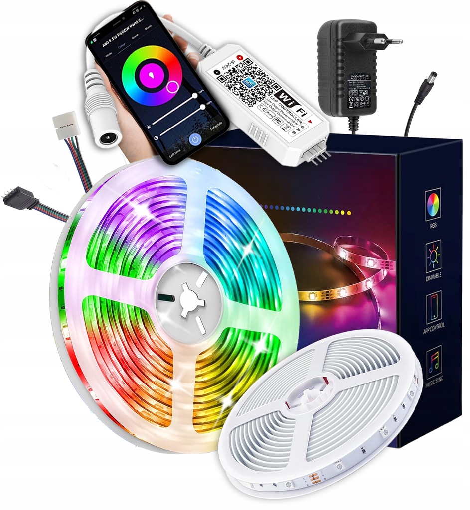 Taśma LED RGB 3M 5050 kolorowa 12V + zasilacz wtyk sterownik aplikacja ...