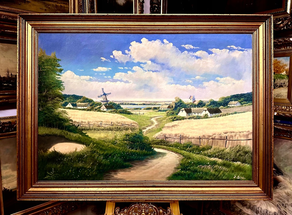 E. BIRK (1907-1977) STARY WIEJSKI KRAJOBRAZ Z CHATAMI WIELKI CENNY ...