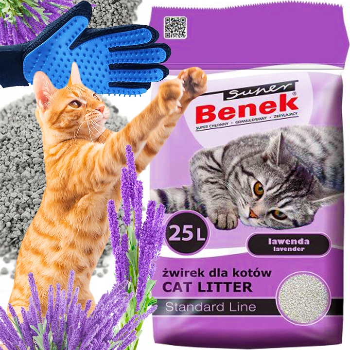 Żwirek dla kota Super Benek LAWENDA 25l + RĘKAWICA - 12922509897 ...