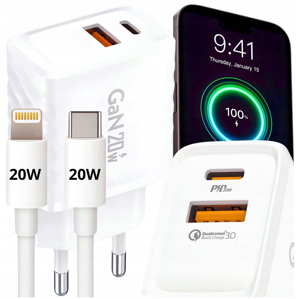 SZYBKA ŁADOWARKA SIECIOWA USB QC USB-C PD 20W + KABEL LIGHTNING IPHONE 1M - 16793801989 ...