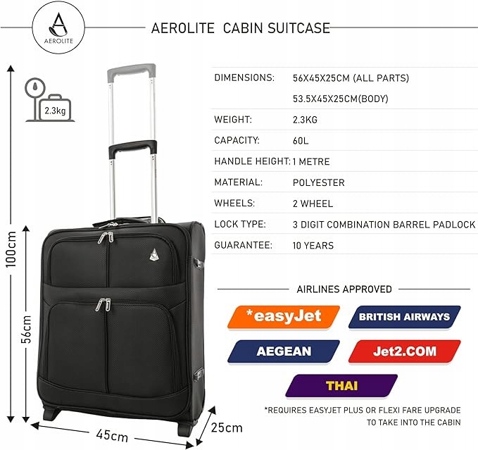 Walizka na kółkach Aerolite, bagaż podręczny, 56 x 45 x 25 cm ...