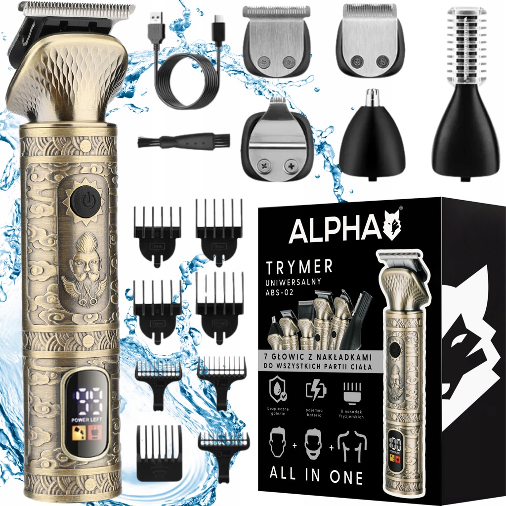 MASZYNKA TRYMER DO STRZYŻENIA GOLENIA WŁOSÓW BRODY CIAŁA ZESTAW ALPHA ...