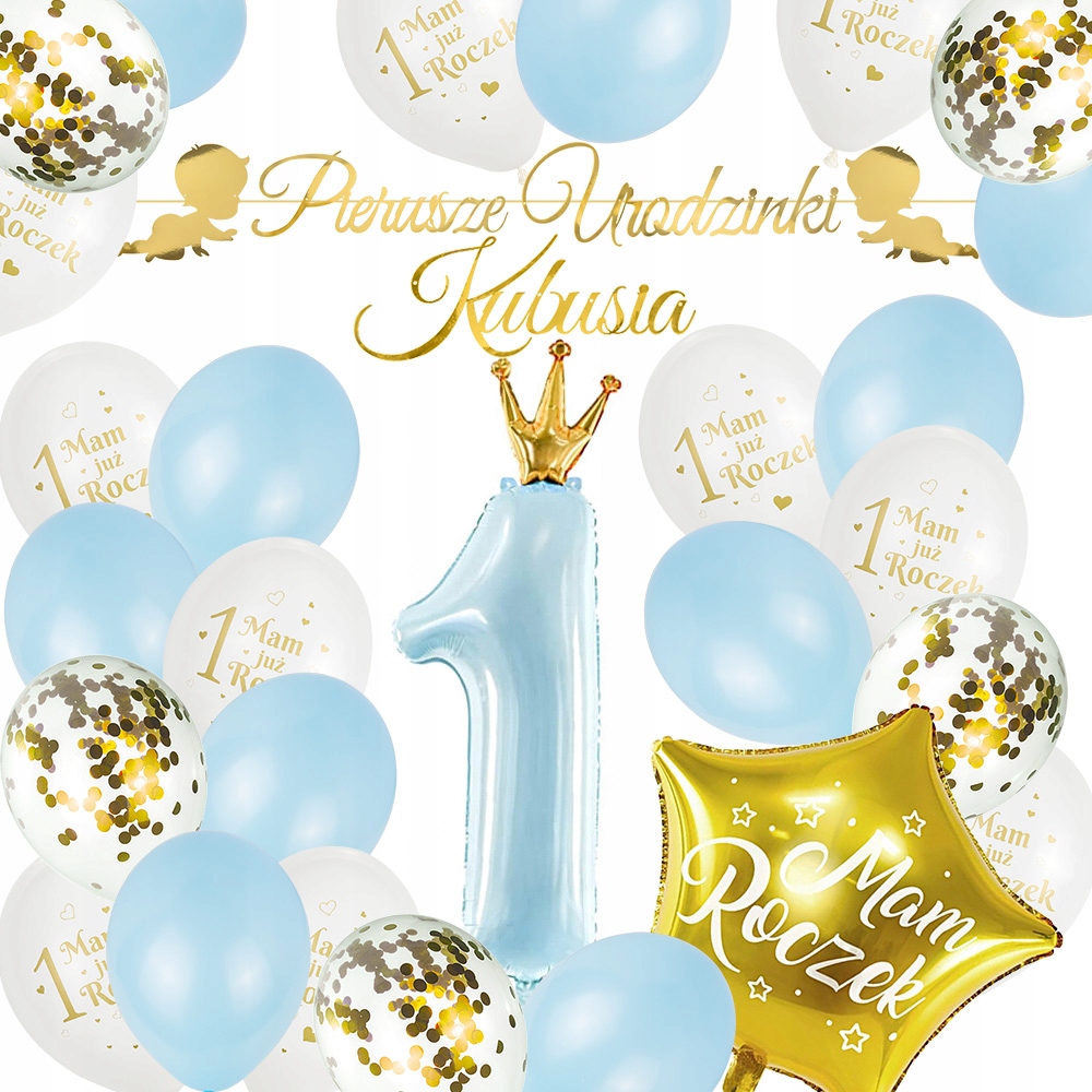Zestaw Dekoracji Balony Pierwsze Urodziny Roczek - 12251145425 ...