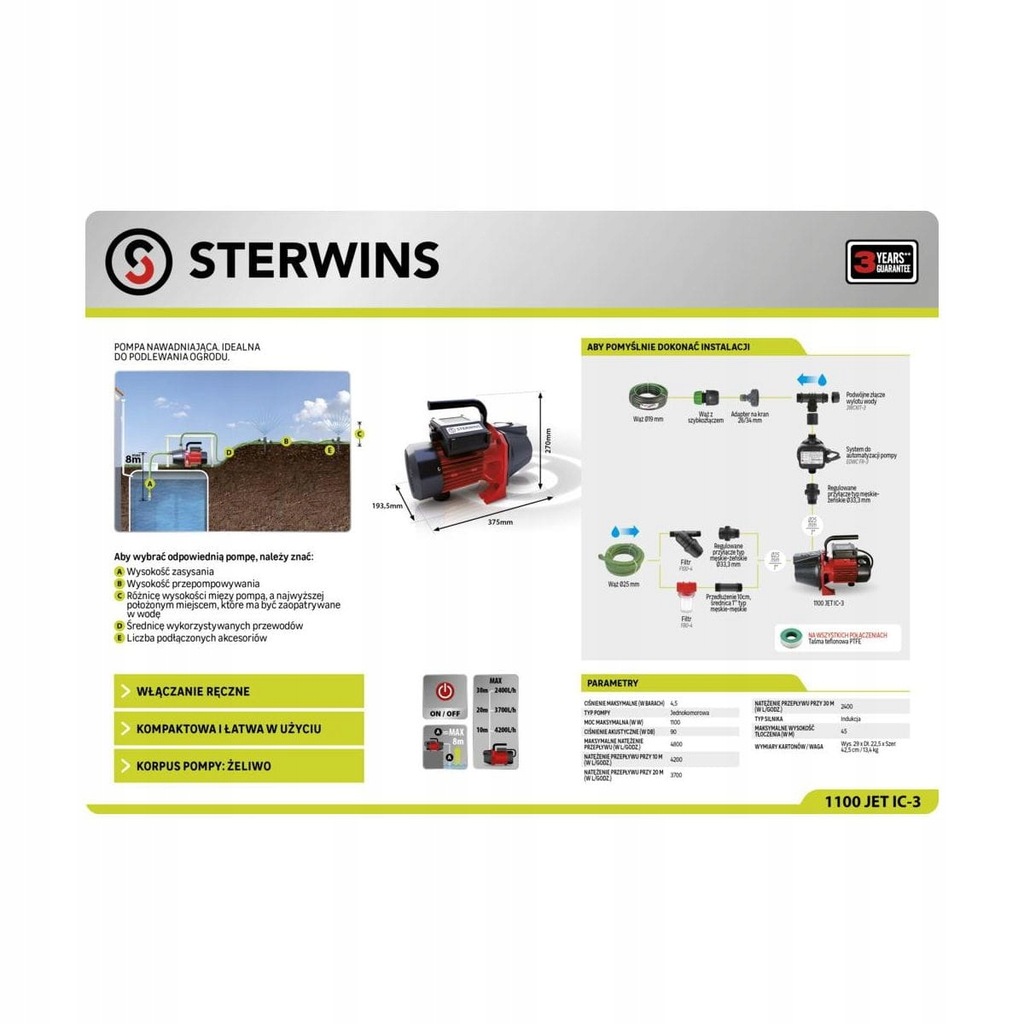 Pompa ogrodowa 1100 W 4800 l/h STERWINS 1100 JET I - 10999555732 - oficjalne archiwum Allegro