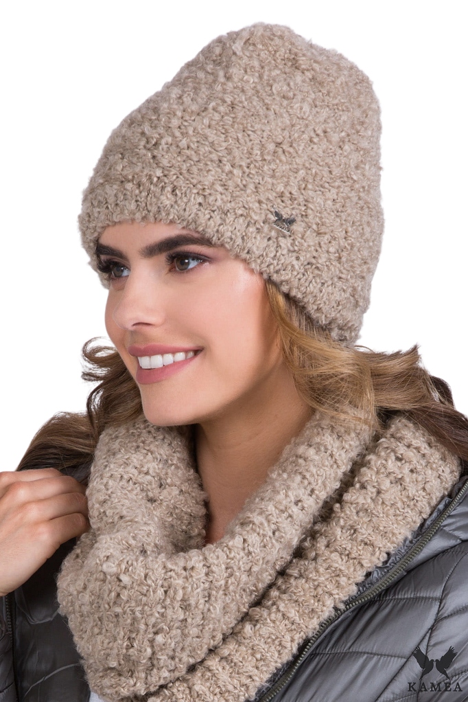 KOMPLET damski CZAPKA i KOMIN przędza BUKLA ciemny beżowy zestaw NIMFA ...