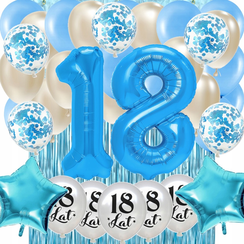 BALONY ZESTAW 18 Urodziny OSIEMNASTKĘ BŁĘKIT 100cm - 11869856296 - oficjalne archiwum Allegro