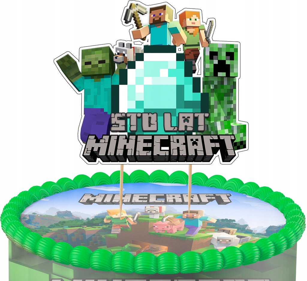 TOPPER NA TORT MINECRAFT DEKORACJA NA URODZINY - 12878577608 ...
