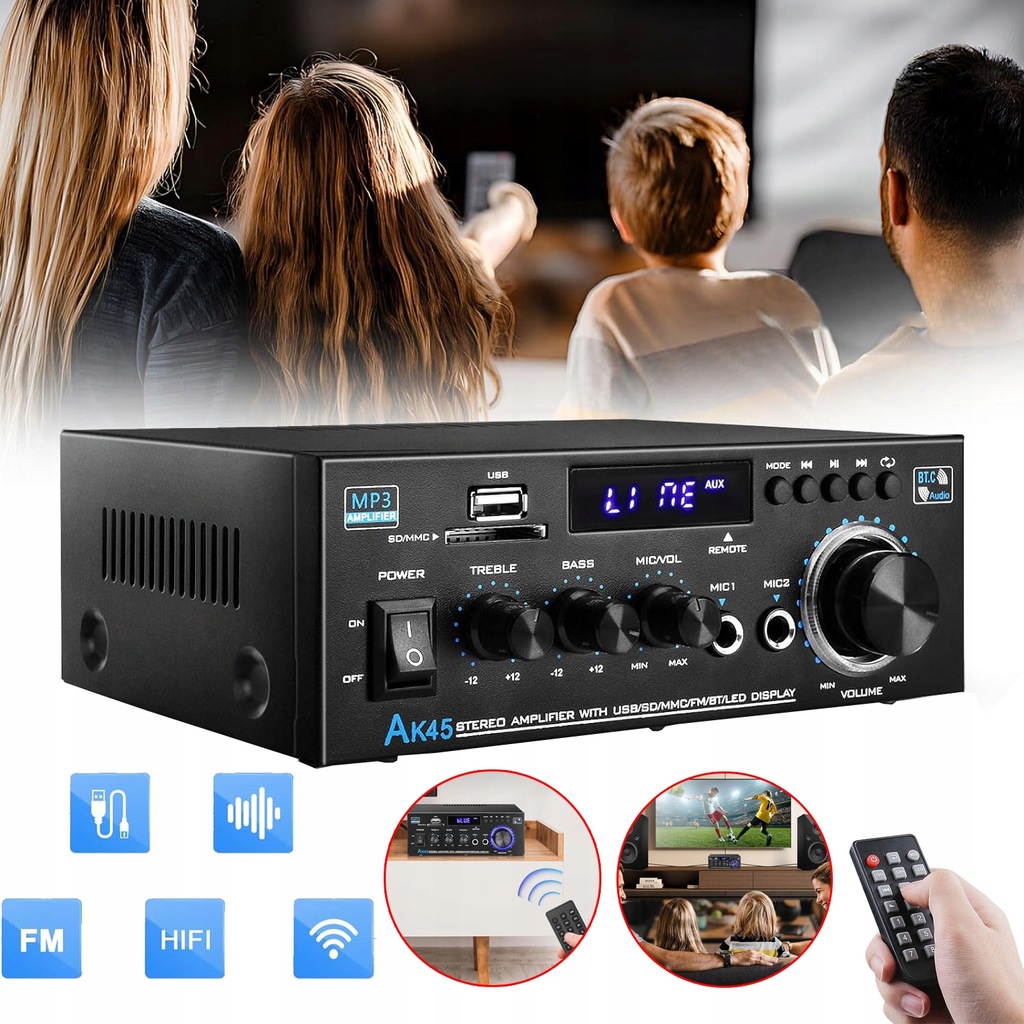 WZMACNIACZ STEREO, 2-KANAŁOWY WZMACNIACZ BLUETOOTH 5.0, HIFI, Z FUNKCJĄ FM - 15252232859 ...
