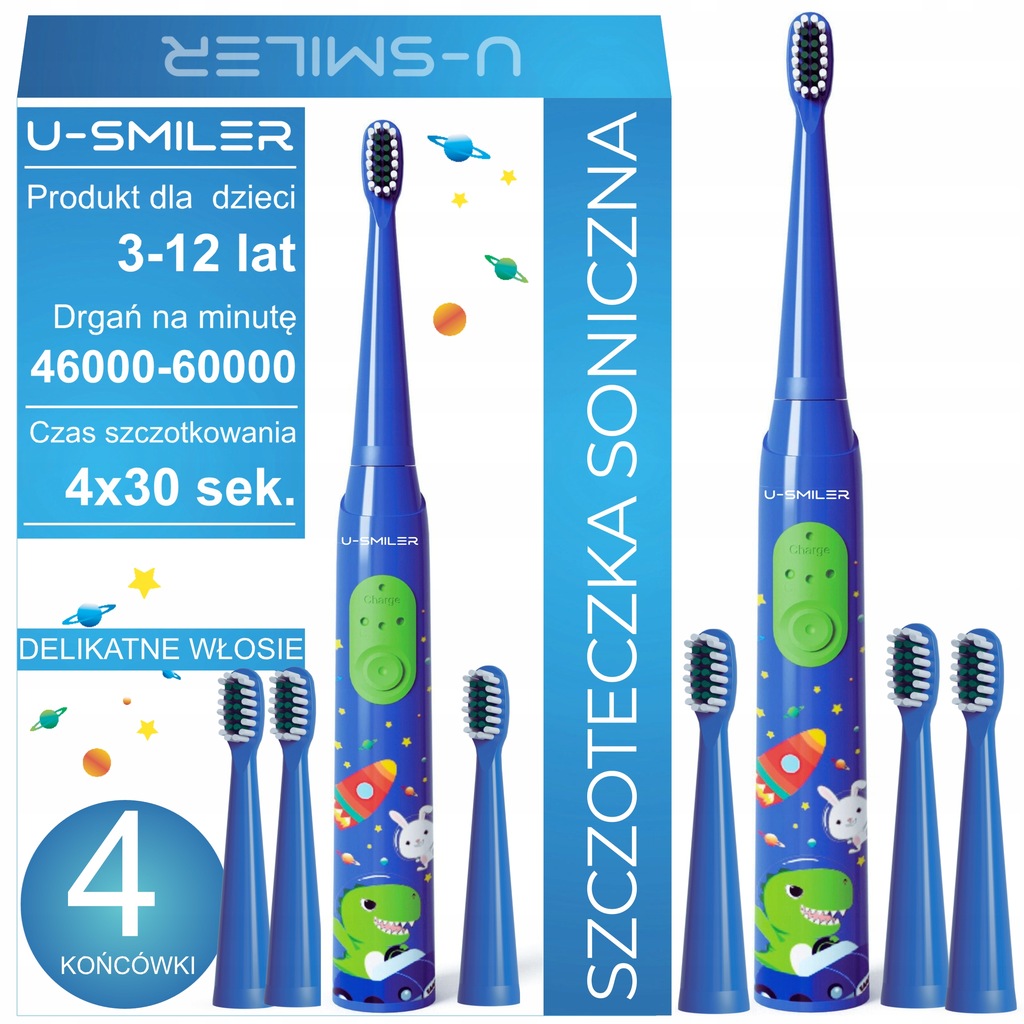 SZCZOTECZKA SONICZNA DLA DZIECI ELEKTRYCZNA DO ZĘBÓW 3 TRYBY 4 KOŃCÓWKI USB - 14764137065 ...