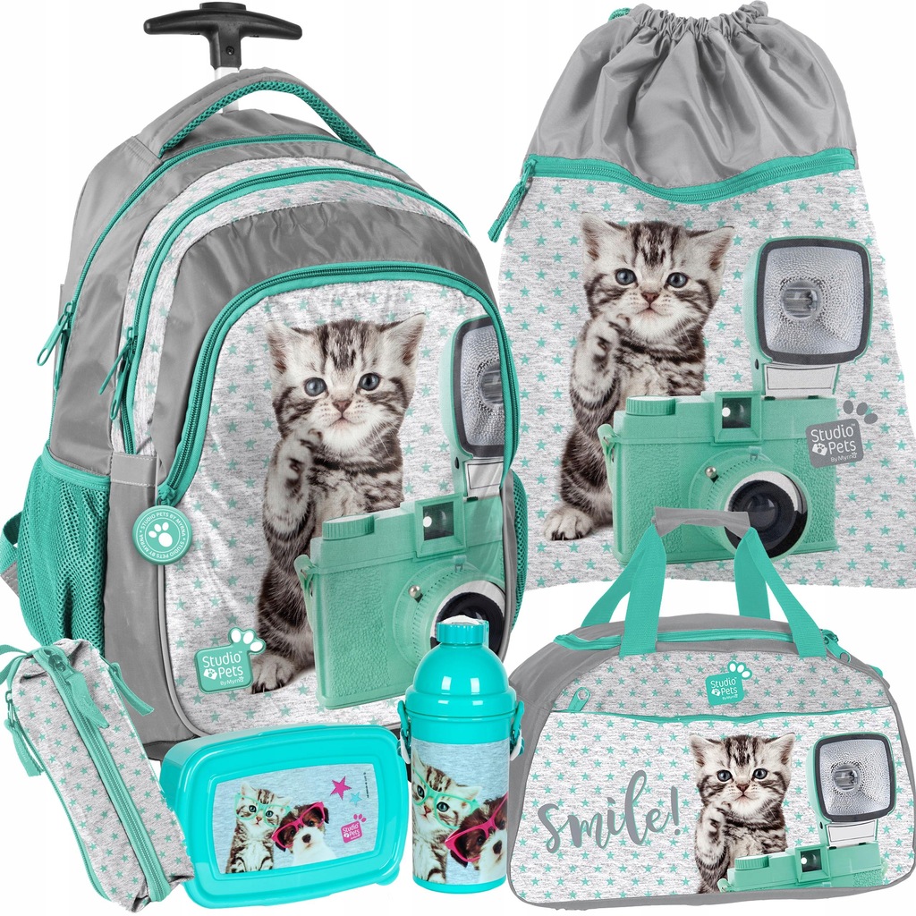 PLECAK SZKOLNY NA KÓŁKACH Z KOTKIEM KOT ZESTAW - 7458664023 - oficjalne archiwum Allegro