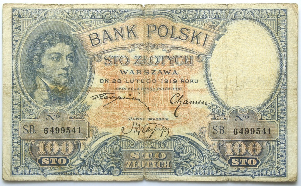 + Polska - II RP - BANKNOT - 100 Złotych 1919 KOŚCIUSZKO - Seria S.B ...