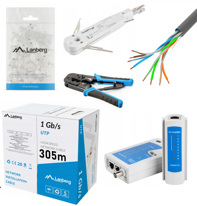 ZESTAW SIECIOWY SKRĘTKA, ZACISKARKA, NÓŻ KRONE, TESTER LAN, WTYKI ...