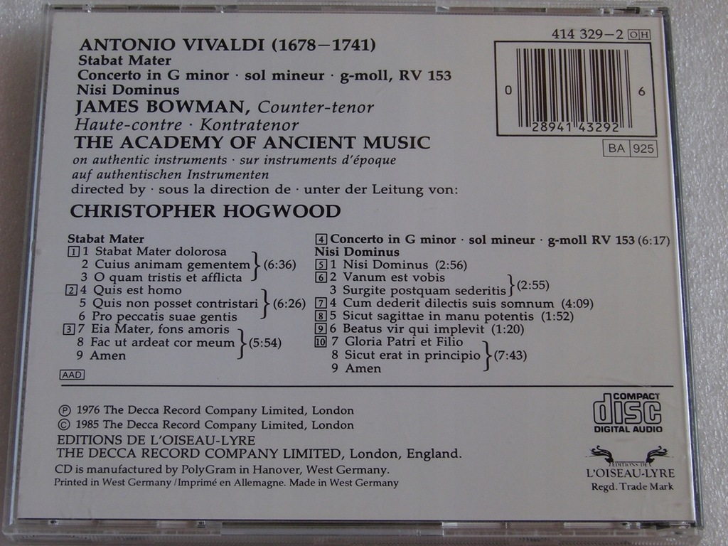 Vivaldi Bowman - Hogwood – Stabat Mater CD 1985 - 12319354248 ... Vivaldi Bowman - Hogwood – Stabat Mater CD 1985 - 12319354248 ...
