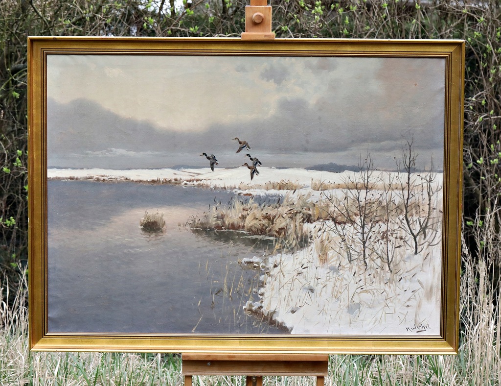 HARALD WENTZEL (1897-) ZIMOWY WIELKI PEJZAŻ Z PTAKAMI NA MOKRADŁACH ...