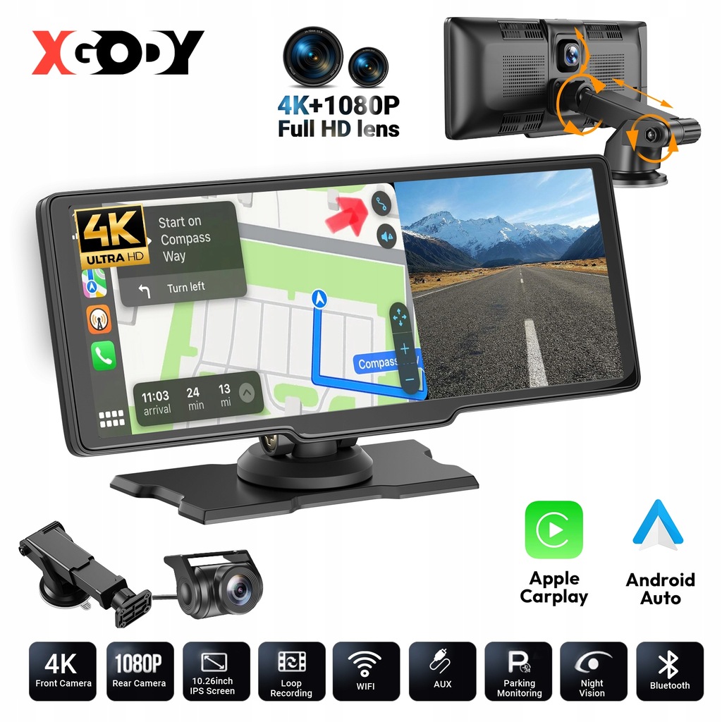XGODY 10.26" DashCam 4K DVR GPS WiFi Wireless CarPlay Android Auto ...