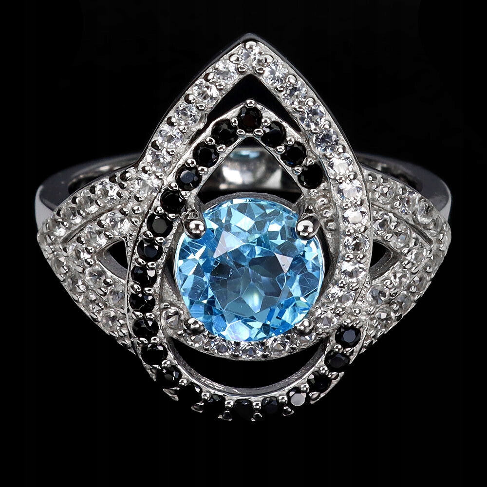 925 Srebrny pierścionek swiss blue topaz czarne spinele r 15 ...