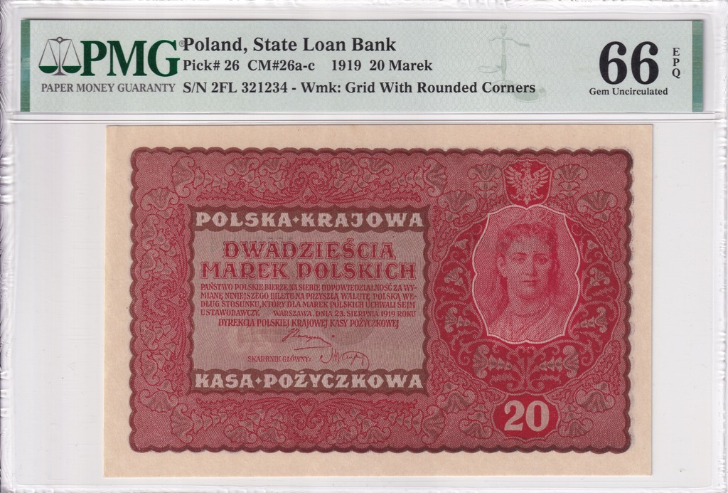 20 Marek Polska 1919 2 Serja FL ciekawa numeracja 321,234 PMG 66 EPQ ...