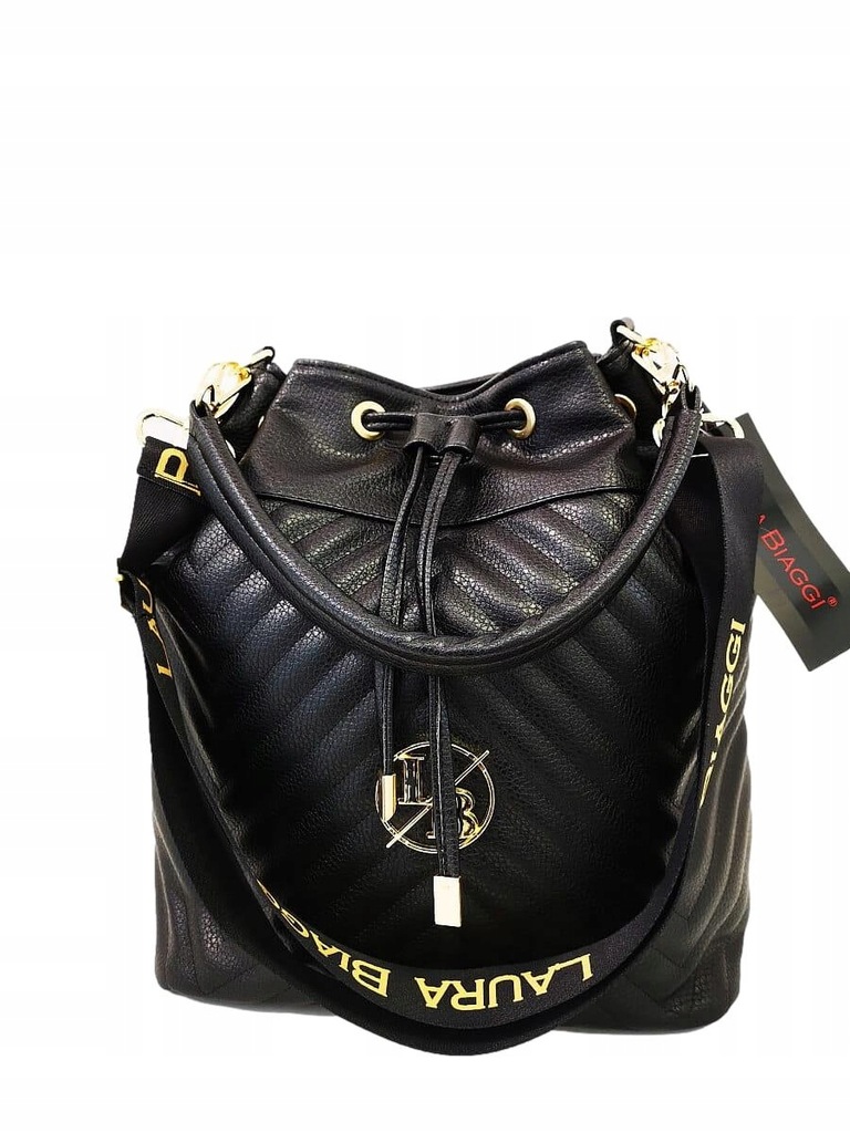 Laura Biaggi torebka worek pikowana czarna - 11528577401 - oficjalne archiwum Allegro