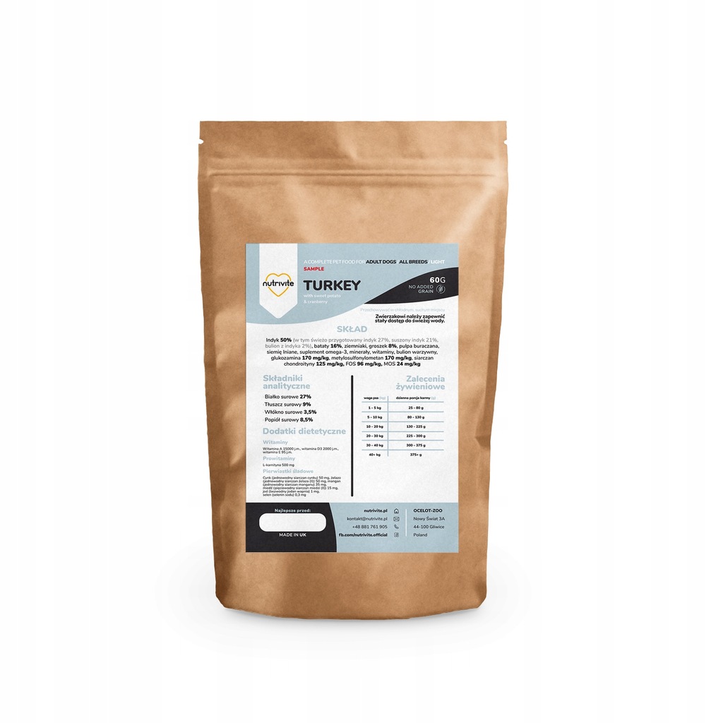 Nutrivite Indyk z batatami i żurawiną LIGHT 60g. - 13028436643 ...