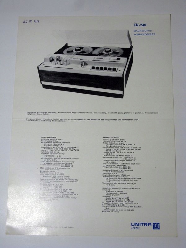 Unitra ZRK - magnetofon szpulowy ZK-240 - ulotka reklamowa PRL ...