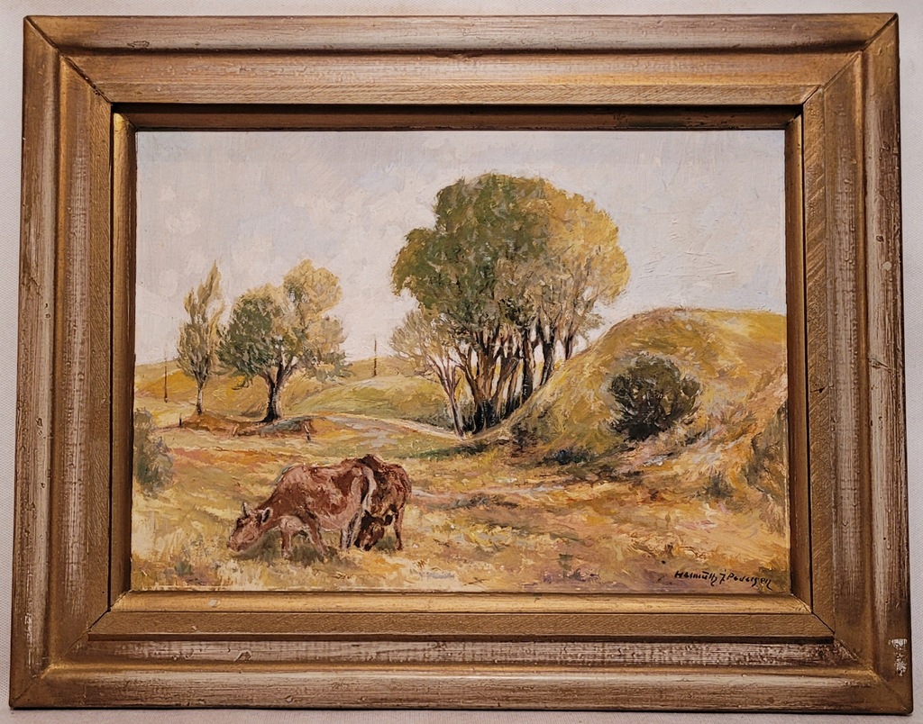 HELMUTH J.PEDERSEN ( 1932 - ) - „ KRÓWKI NA PASTWISKU ”, stary obraz ...