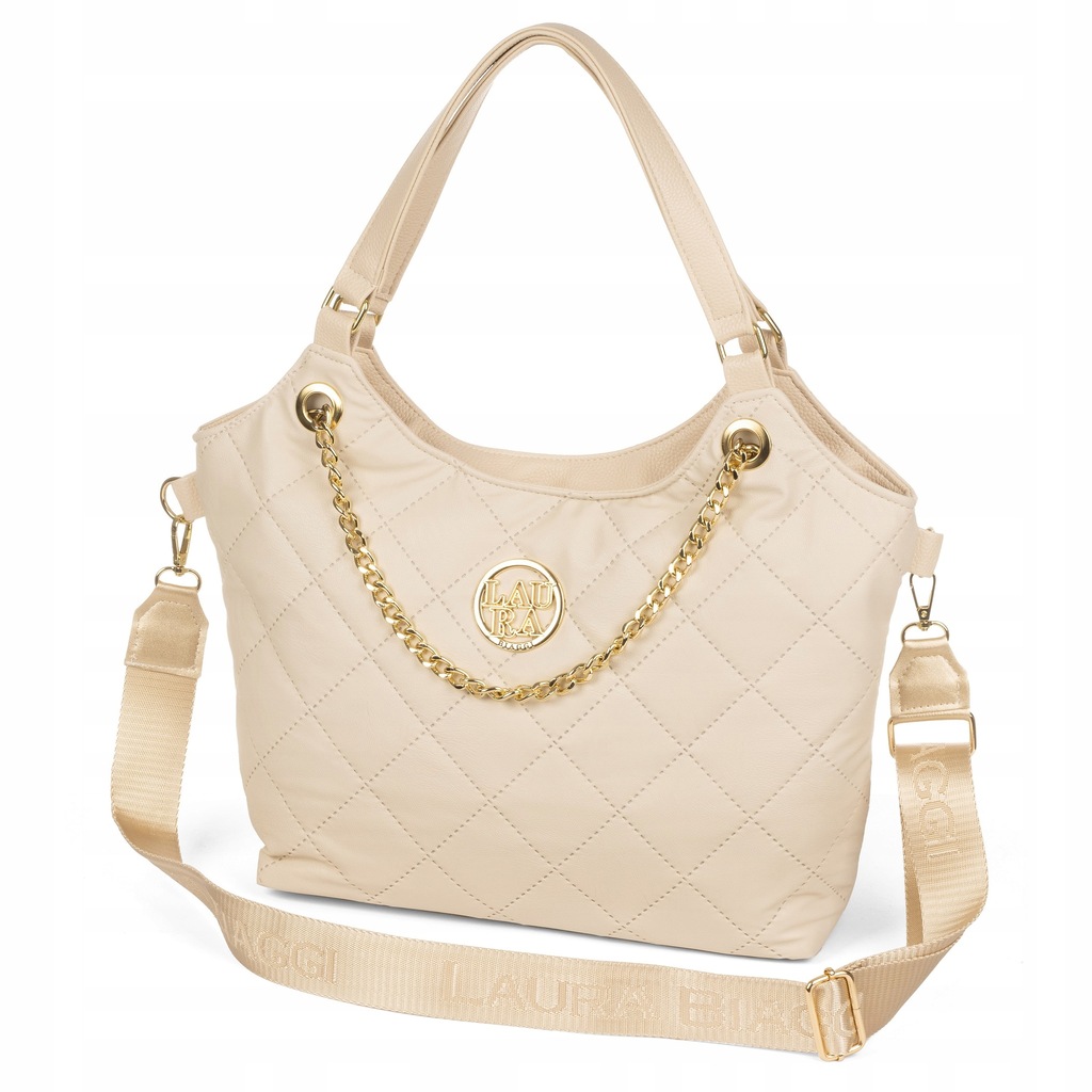 PIKOWANA DUŻA TOREBKA DAMSKA SHOPPER LAURA BIAGGI BEŻOWA NA RAMIĘ A4 - 15364774538 - oficjalne ...