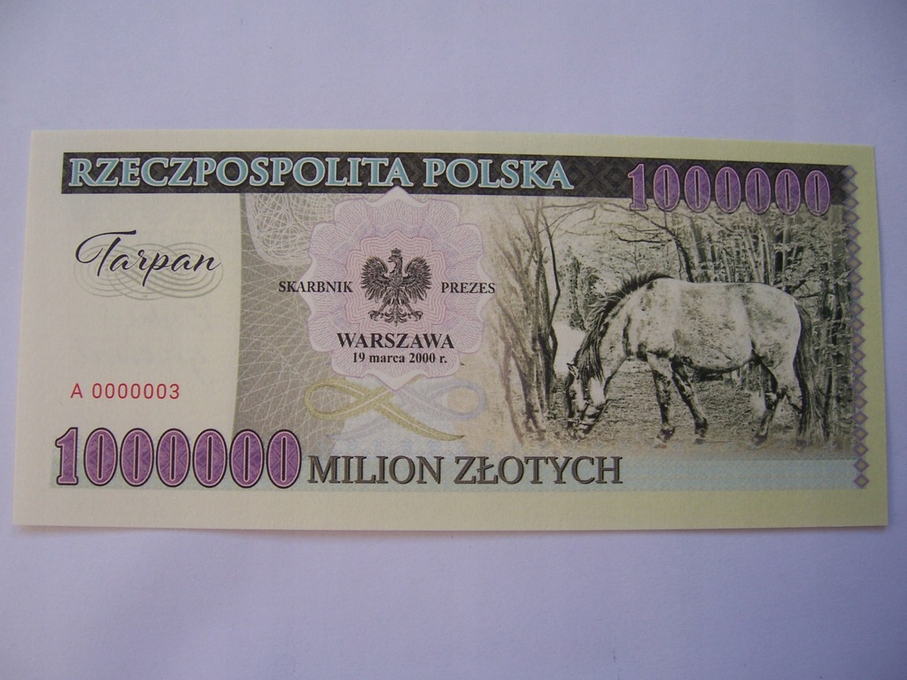 Banknot 1 Milion złotych Tarpan seria A 00000003. - 13372015163 ...
