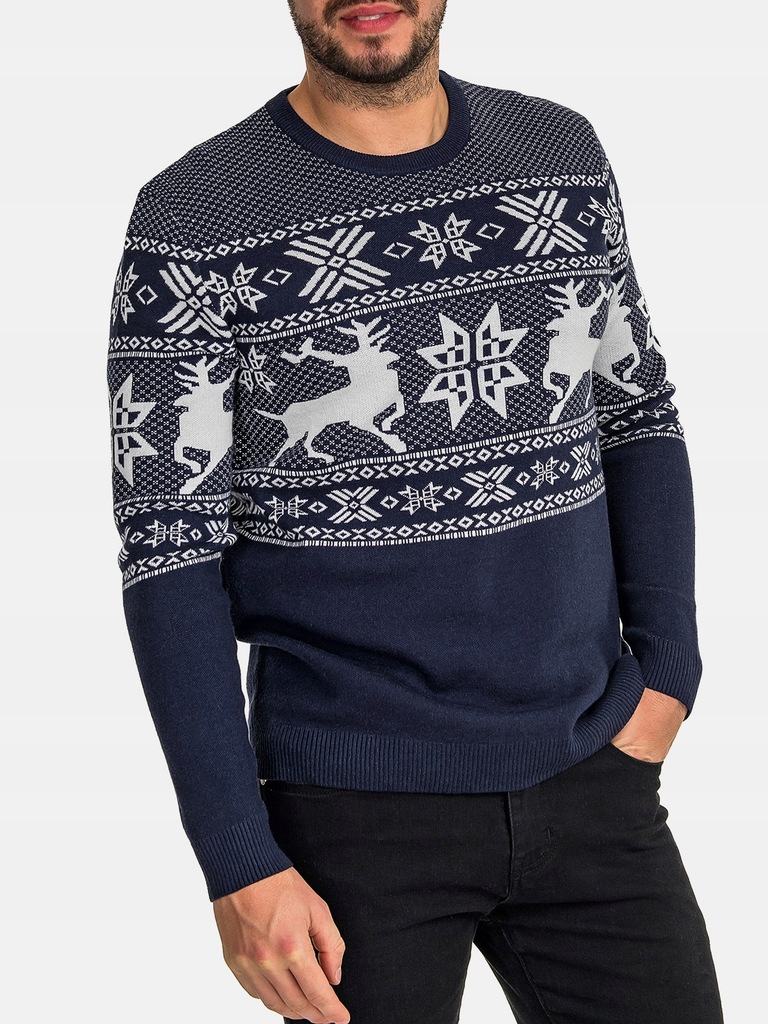MĘSKI SWETER ŚWIĄTECZNY RENIFERY WZÓR NORWESKI MODNY GRANATOWY Prezent ...