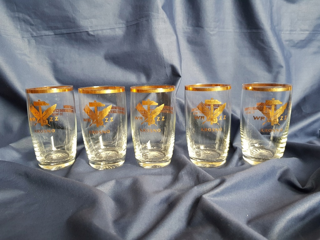Szklanki WRZZ ze złotym paskiem - PRL - kpl 5 szt. - 12361666892 ...