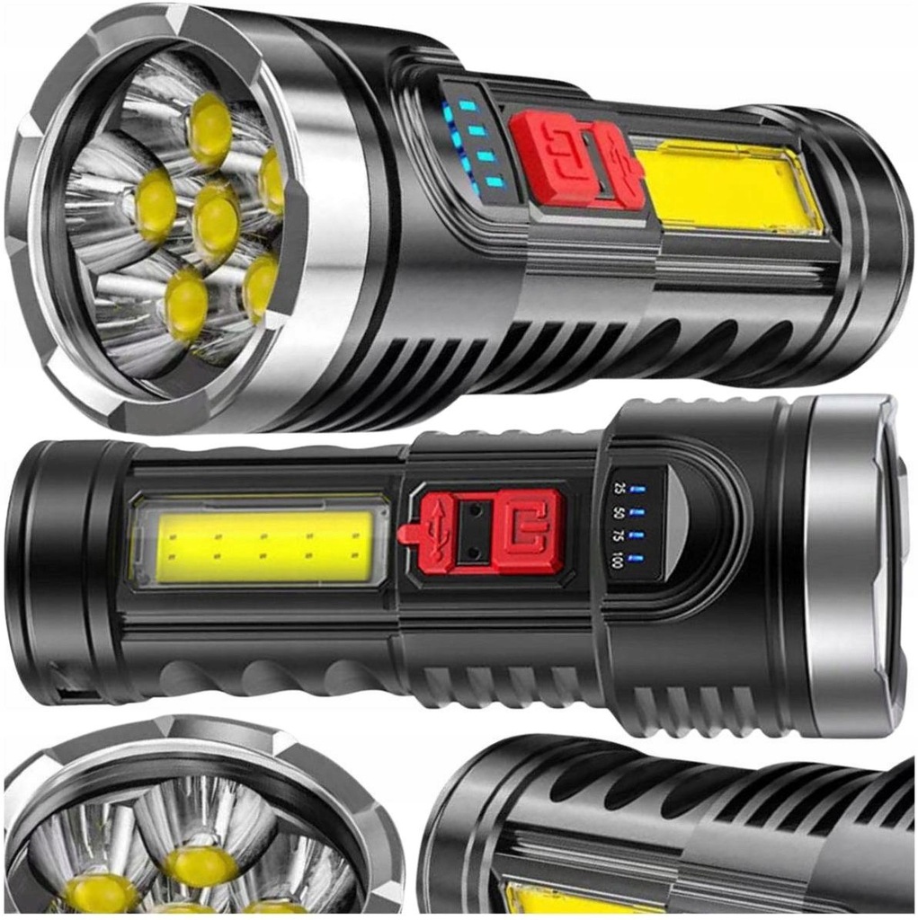 Taktyczna Mocna Latarka COB ZOOM LED USB AKUMULATOROWA REFLEKTOR ...