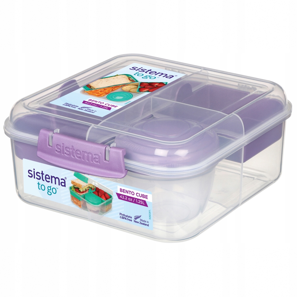 Lunch box śniadaniówka plastikowa trzykomorowa z pojemnikiem na sos ...