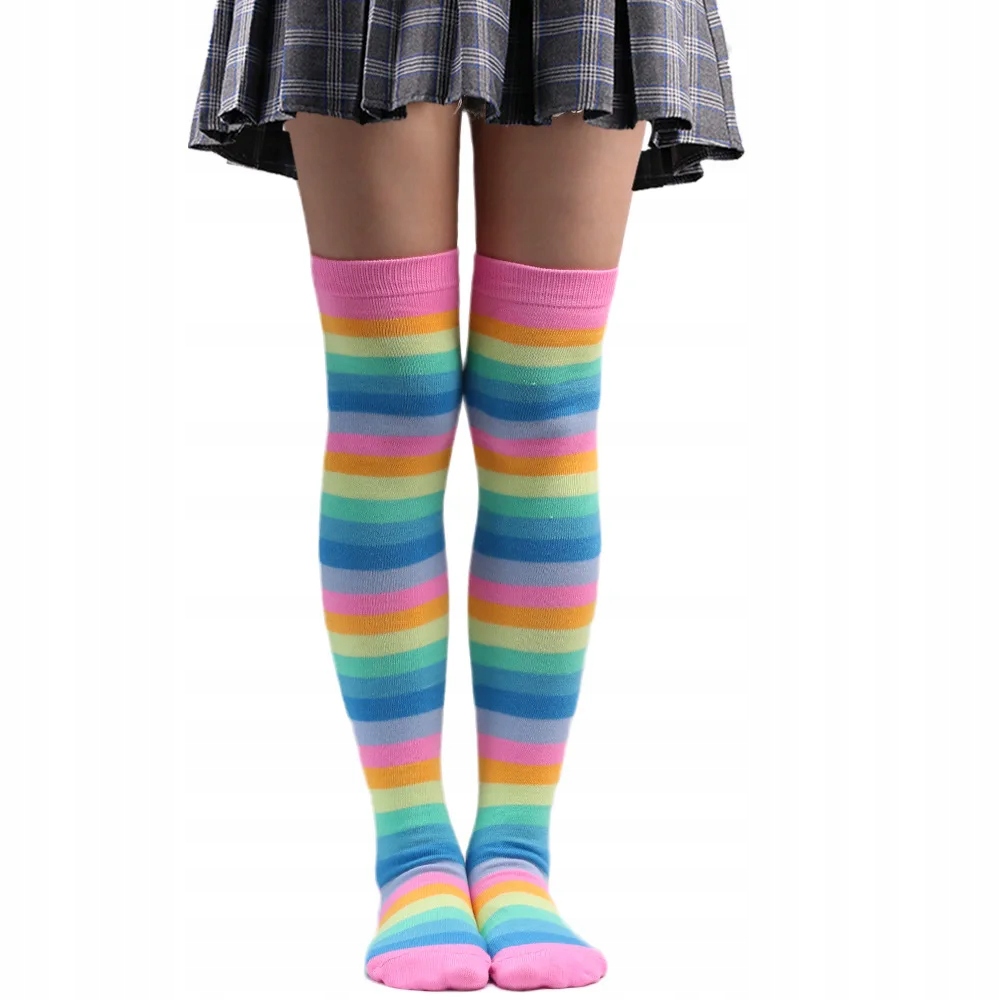 1 Pair Fashion Rainbow Striped Socks Over Knee Thigh Leg Sock Sleeves ...