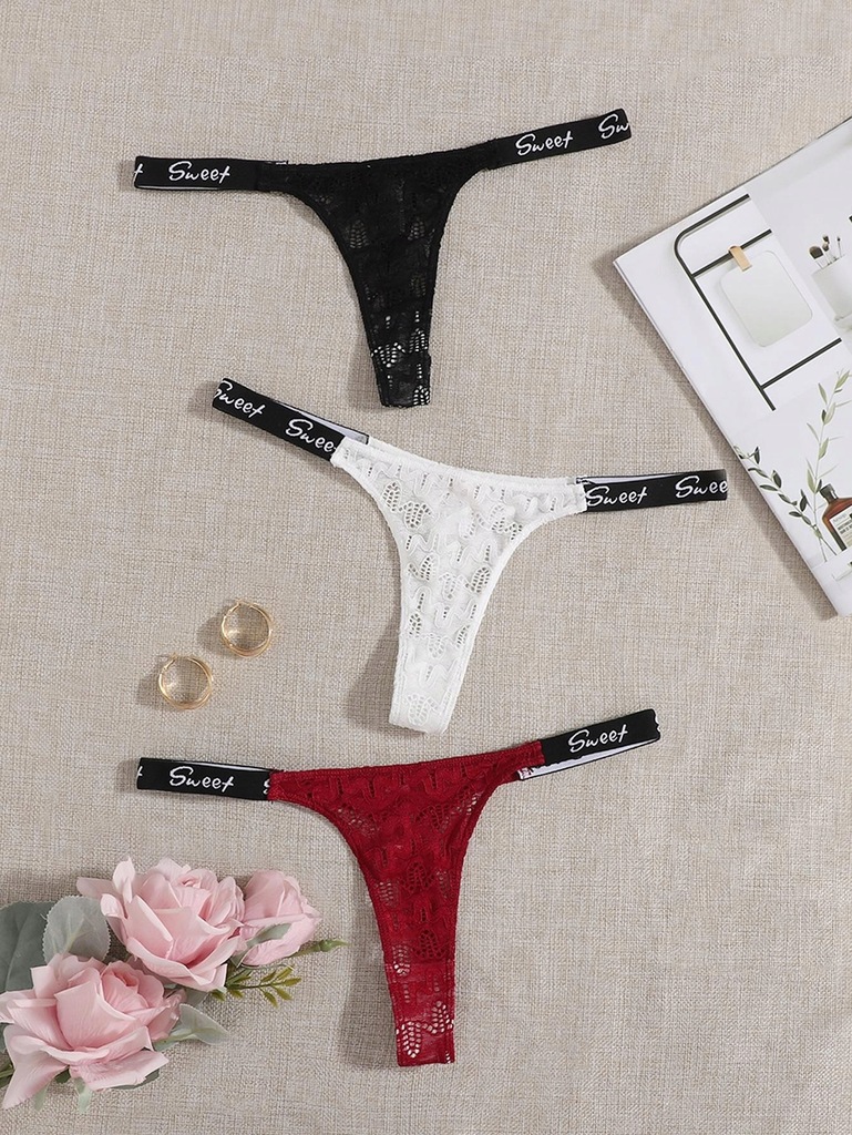 3PAK ZESTAW MAJTKI STRINGI KORONKOWE BIAŁE CZERWONE CZARNE NAPISY SHEIN XL - 14860721581 ...