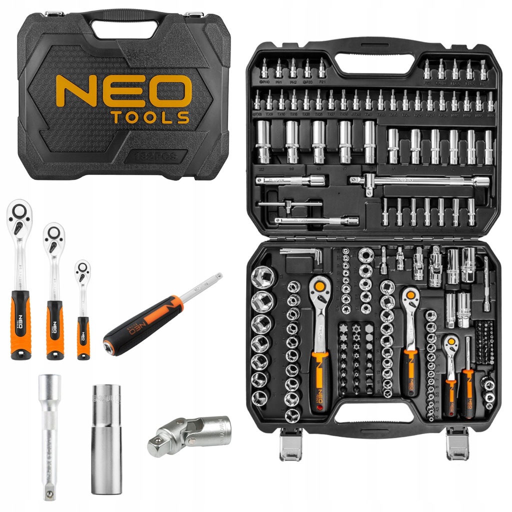 DUŻY Zestaw narzędzi NEO TOOLS klucze nasadowe w walizce 3 GRZECHOTKI 182el - 14850599642 ...