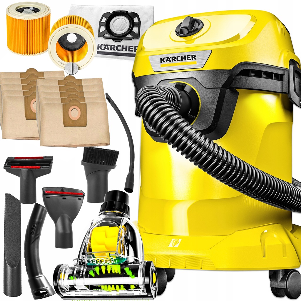 ODKURZACZ PRZEMYSŁOWY WD 3 KARCHER NADMUCH FILTR WORKI 10 SZT TURBOSZCZOTKA - 16671407166 ...