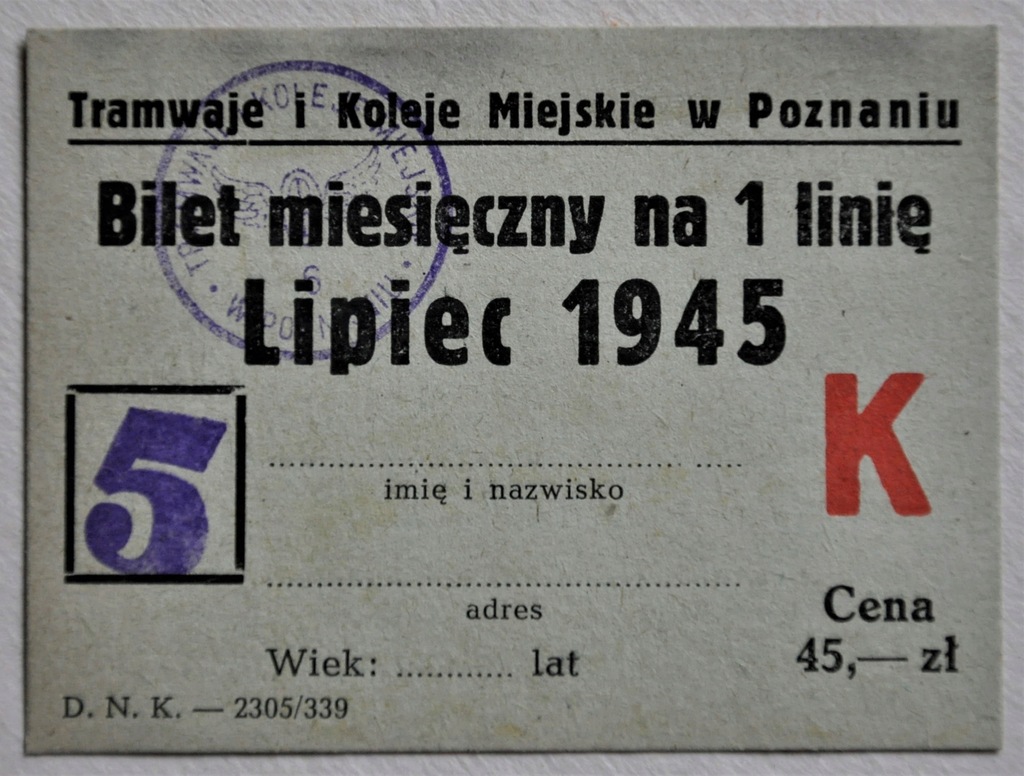 KOMUNIKACJA MIEJSKA POZNAŃ BILET M LIPIEC 1945 - 13145637267 - oficjalne archiwum Allegro