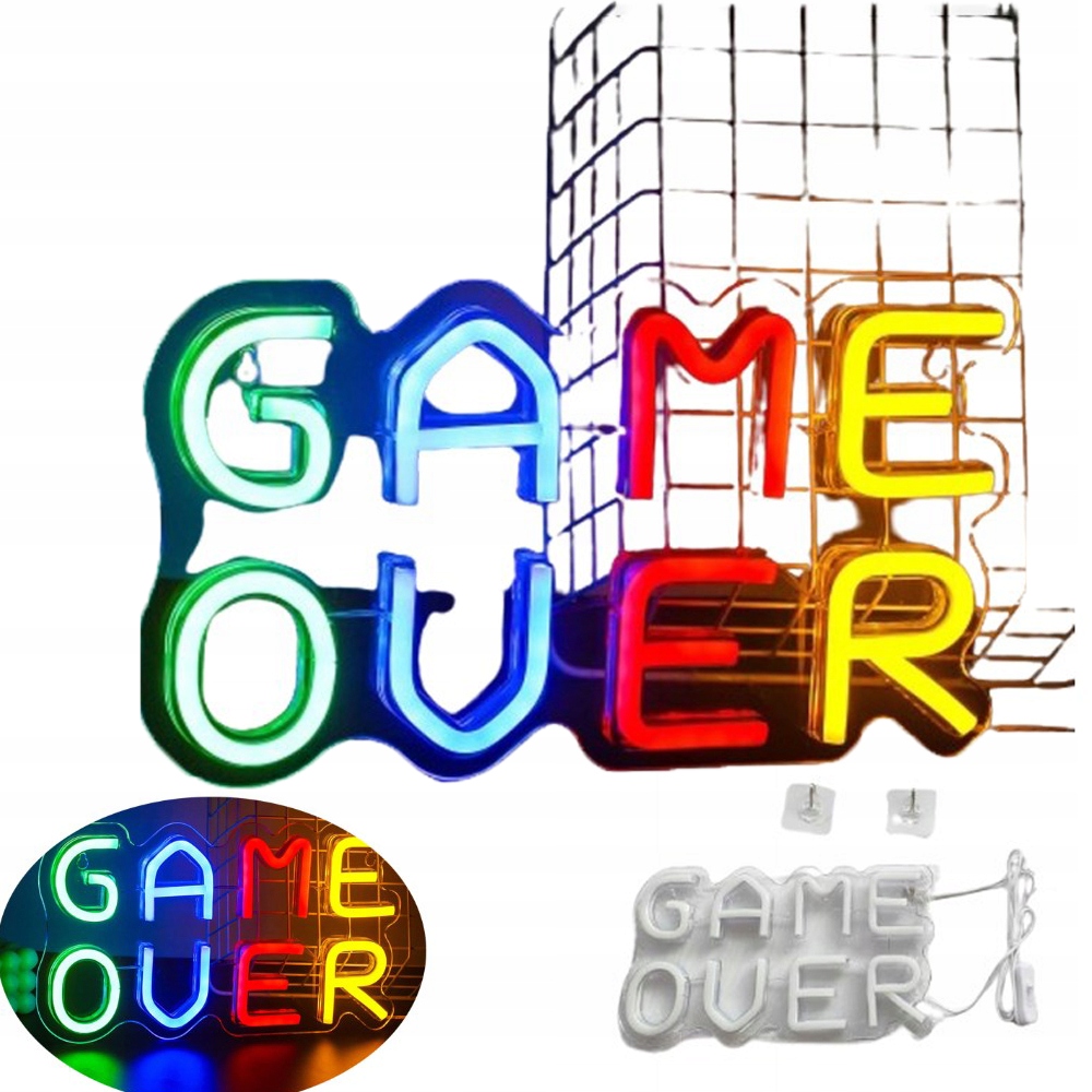 GAME OVER NEON LED USB KOLOROWE NEONOWE ŚWIATŁO NA ŚCIANĘ DO POKOJU ...
