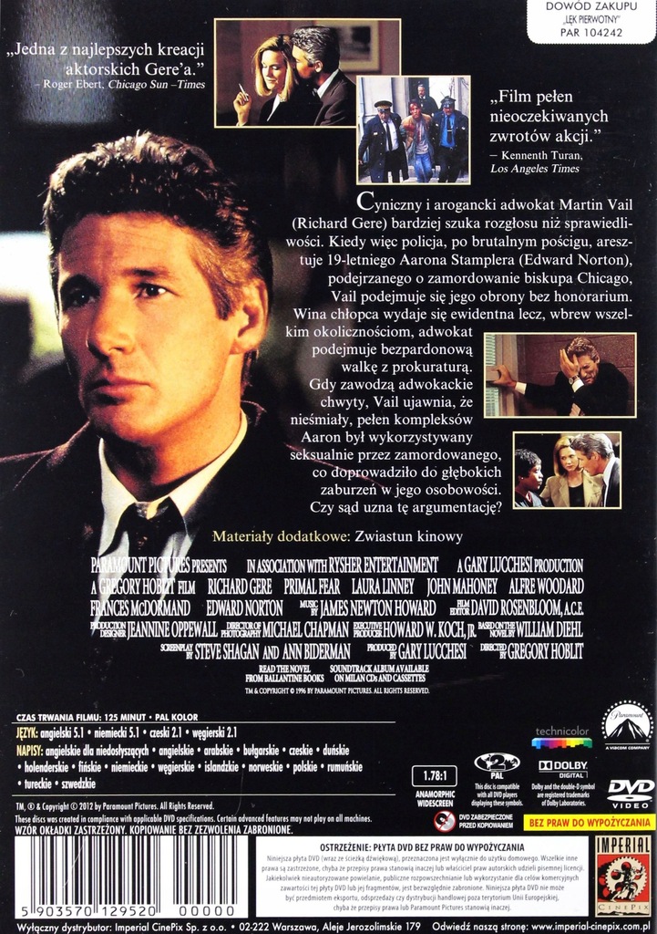 LĘK PIERWOTNY (1996) [DVD] - 11224559737 - oficjalne archiwum Allegro