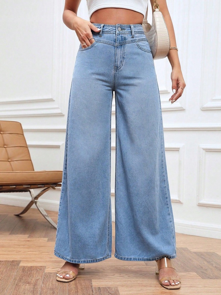 KLASYCZNE SPODNIE JEANSOWE NIEBIESKIE SZEROKIE NOGAWKI WYSOKI STAN SHEIN 27 - 15201285714 ...