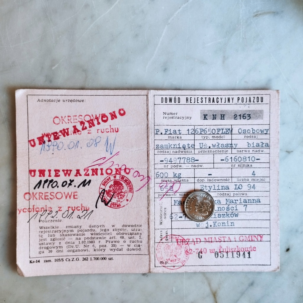 Kolekcjonerski dowód Polski Fiat 126P FLEW 1989r - 12598595430 ...