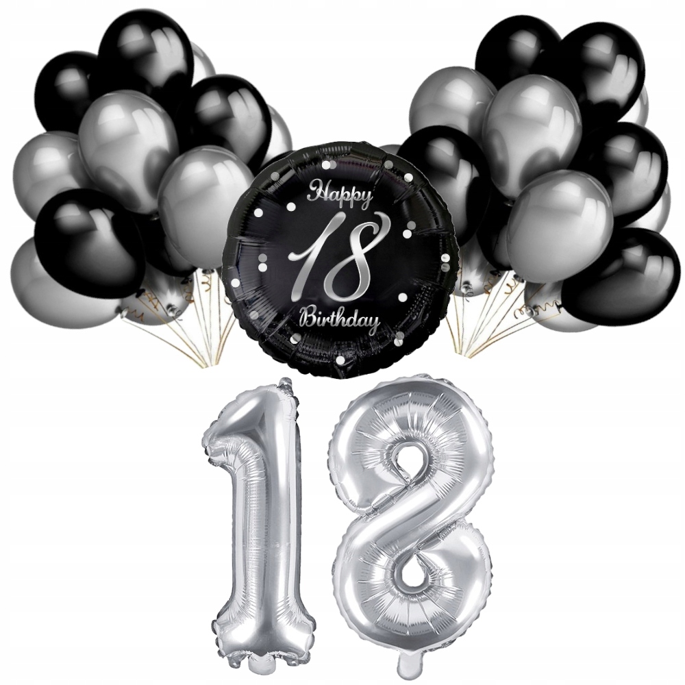ZESTAW BALONY 18 URODZINY SREBRNE SREBRNY CZARNE CZARNY HAPPY BIRTHDAY - 14770109778 - oficjalne ...