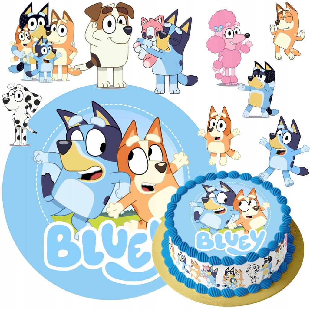 OPŁATEK NA TORT BLUEY + ZESTAW POSTACI + TEKST NAPIS - 15023528263 ...