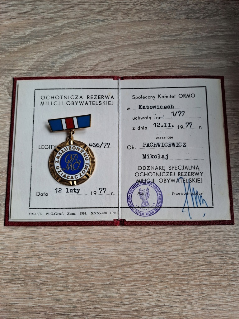 Odznak z legitymacją ormo milicja obywatelska prl - 13542096210 ...
