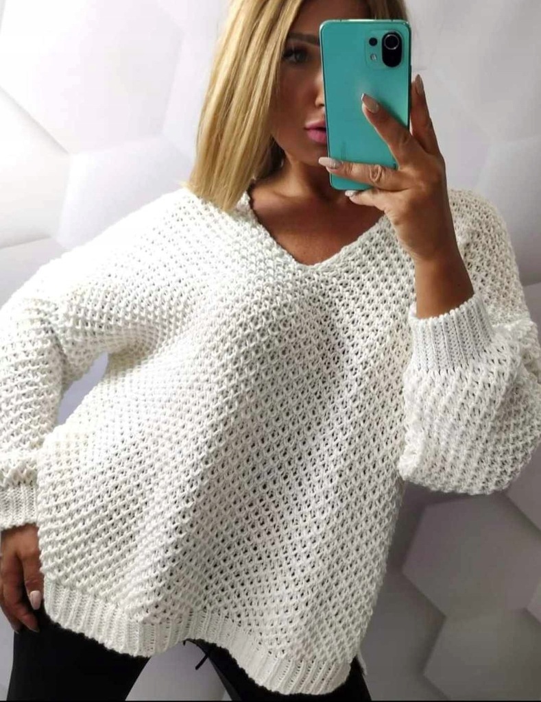 Sweter BIAŁY gruby splot brokat złota nitka piękny 50 52 54 wełna ...