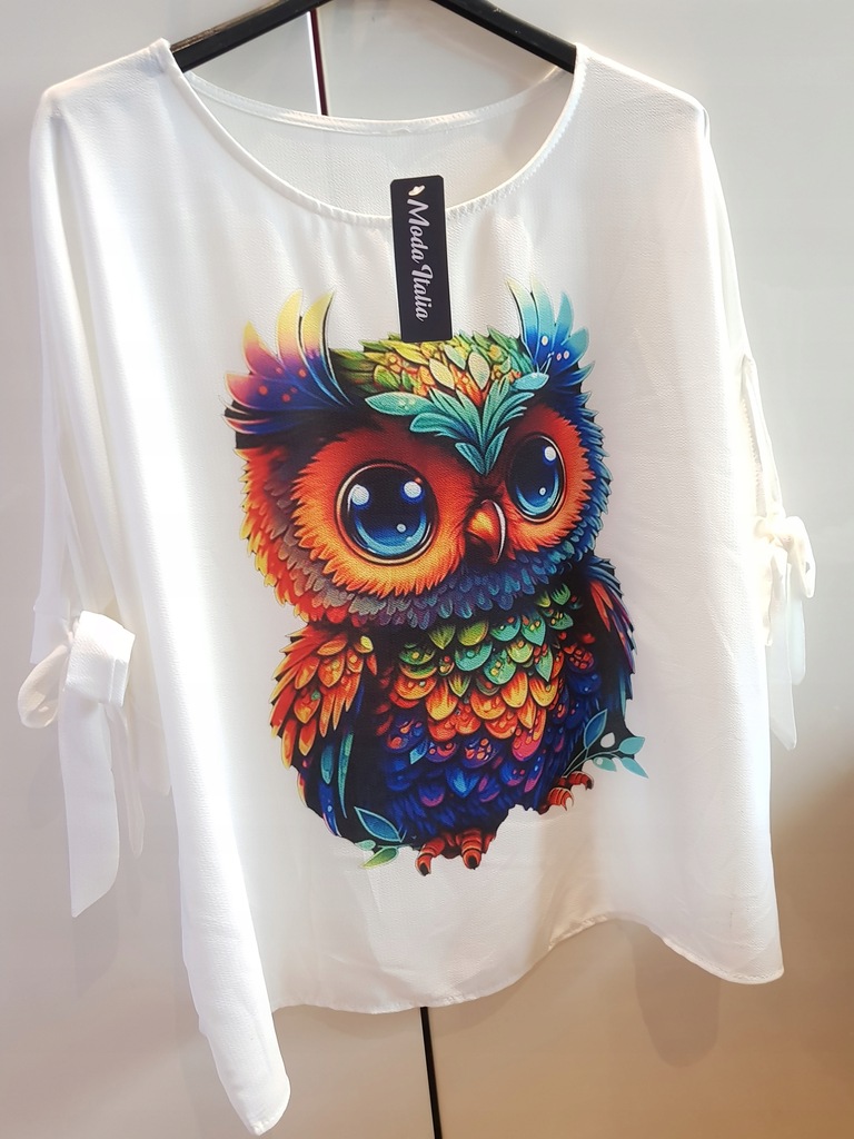 Bluzka Print biała Sowa art obraz wzory sznurowana UNI 42 44 46 ...