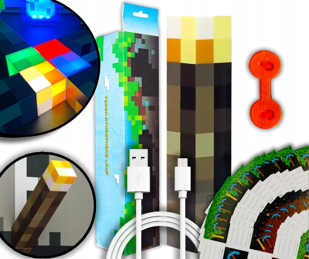 MINECRAFT TORCH LIGHT POCHODNIA LAMPKA NOCNA USB WIELOKOLOROWA ...